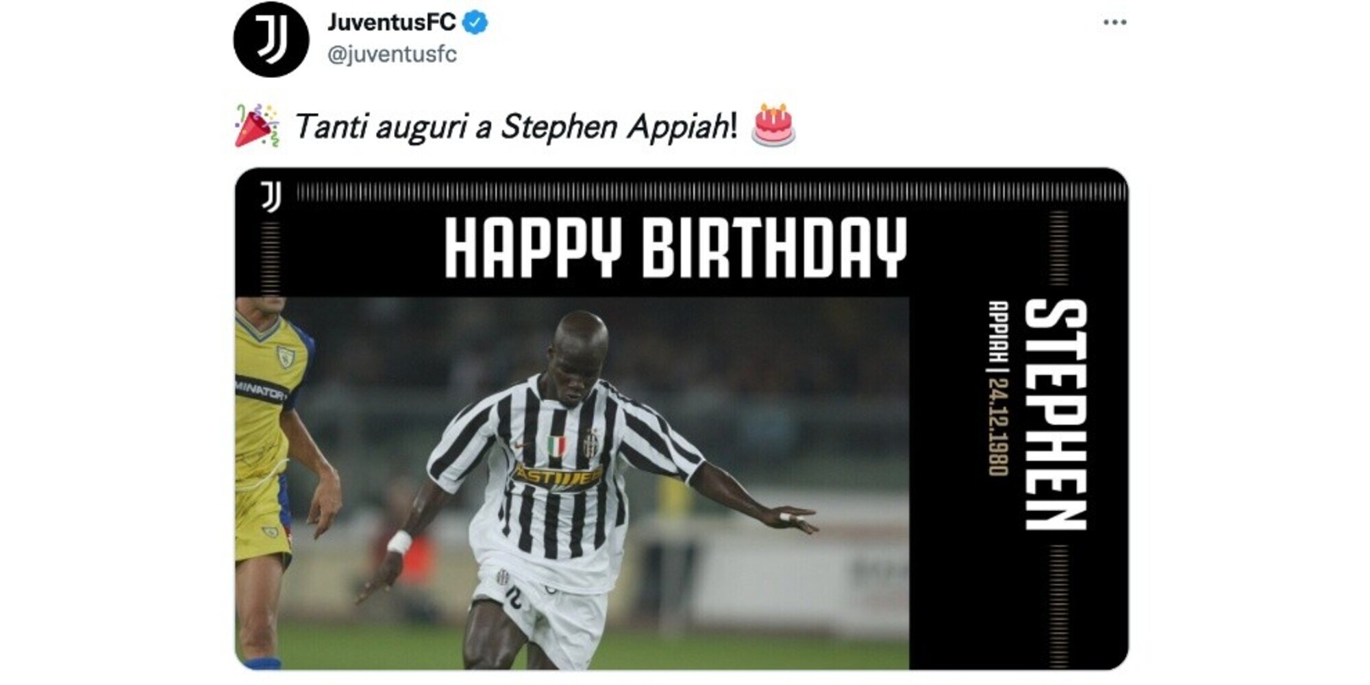Appiah compie 41 anni, gli auguri speciali della Juve