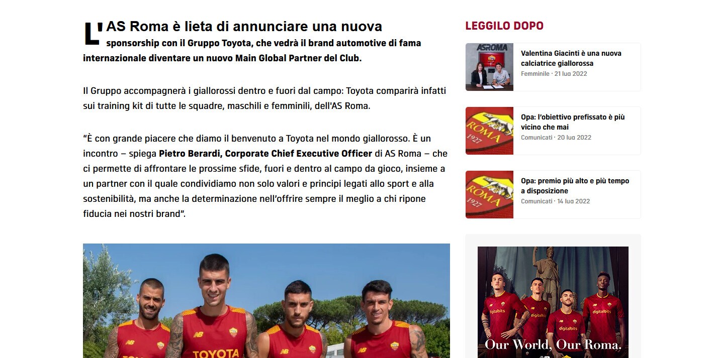 Roma-Gruppo Toyota, nuova sponsorship per i giallorossi