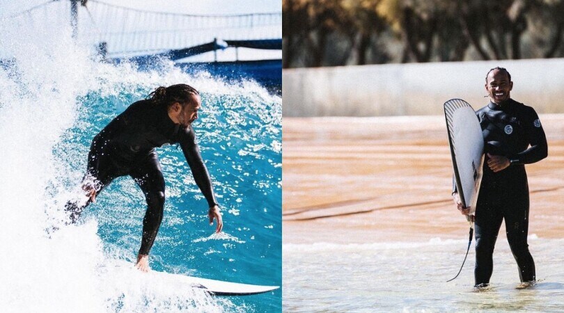 Lewis Hamilton che portento tra le onde: è un campione anche col surf!