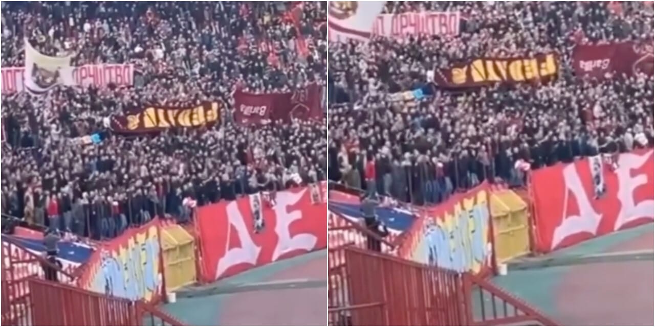 Stella Rossa, gli ultras con lo striscione Fedayn dei tifosi della Roma
