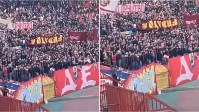 Stella Rossa, gli ultras con lo striscione Fedayn dei tifosi della Roma