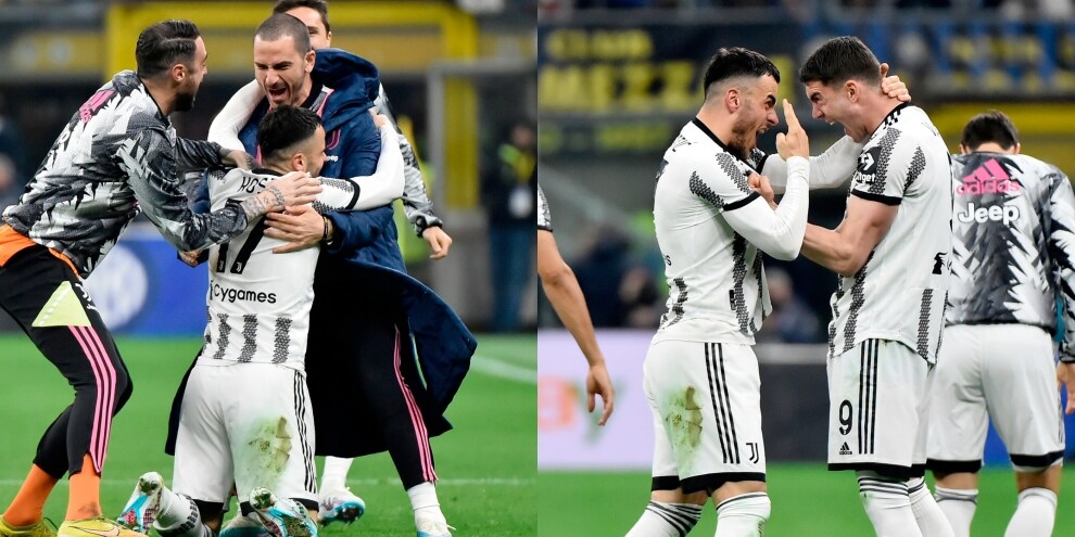 Kostic, abbraccio con Bonucci ed esultanza con Vlahovic dopo il gol