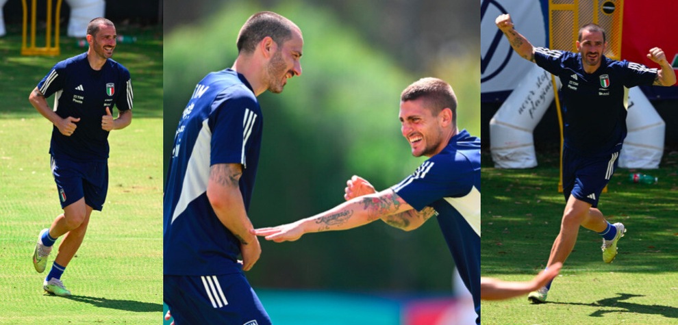Italia, Bonucci show: sorrisi, scherzi con Verratti e super esultanze